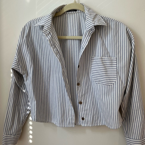 Tops | Blue Striped Cropped Button Up Down Shirt Blouse Office Wear ...